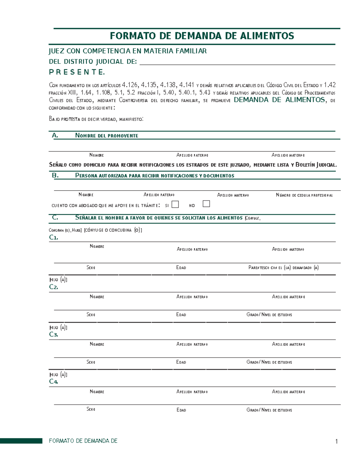Formato Demanda Alimentos - FORMATO DE DEMANDA DE ALIMENTOS 1 FORMATO ...