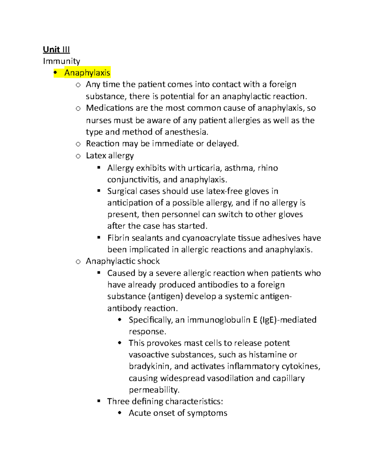 Unit 3 and 4 - Units 3 and 4 - Unit III Immunity Anaphylaxis o Any time ...