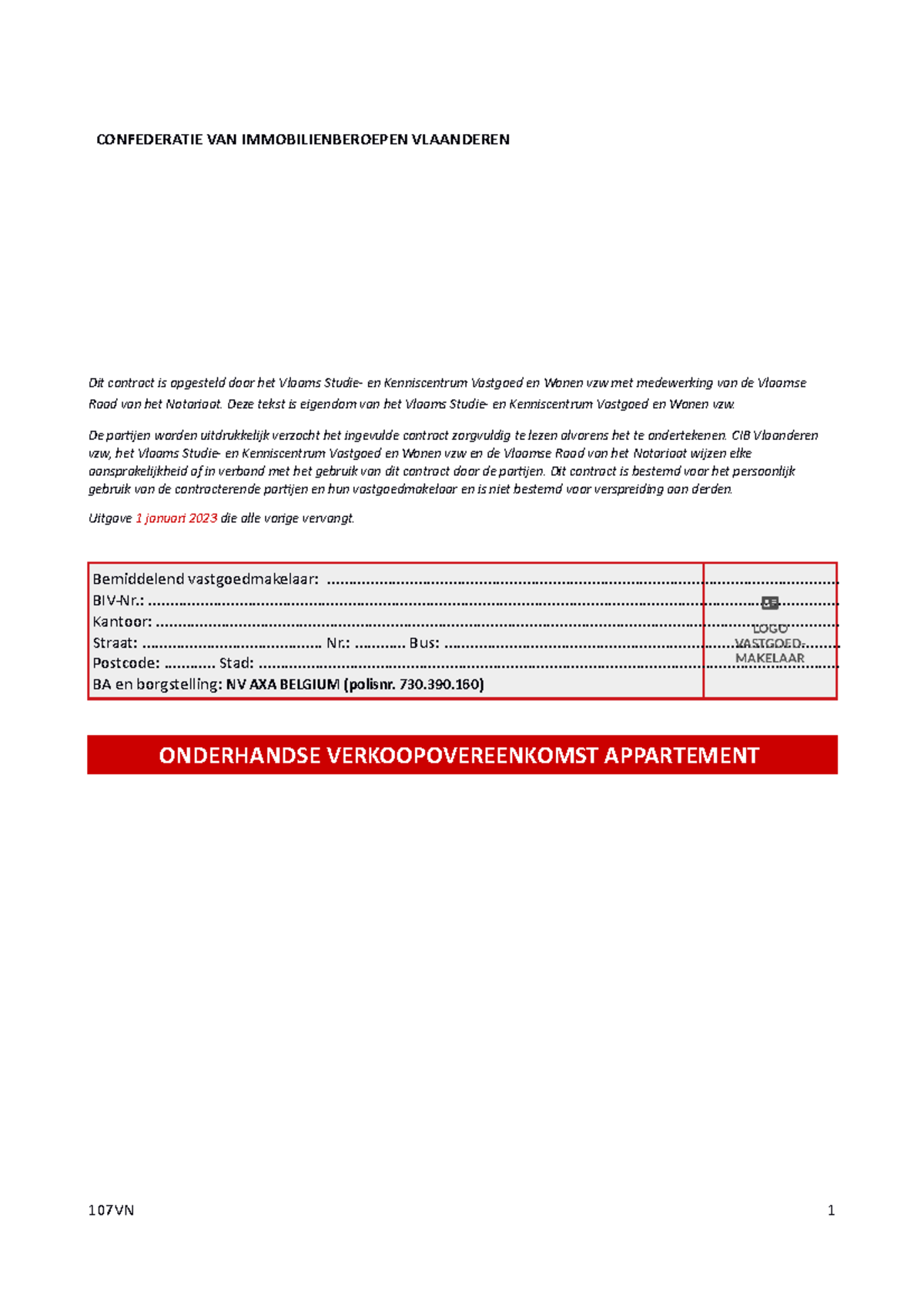 Sjabloon onderhandse verkoopovereenkomst appartement - CONFEDERATIE VAN ...
