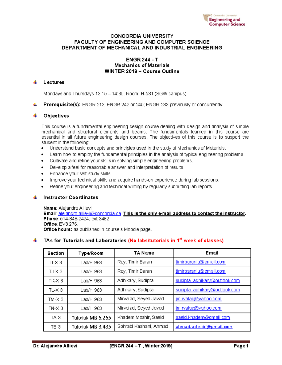 ENGR244 Course Outline - CONCORDIA UNIVERSITY FACULTY OF ENGINEERING ...
