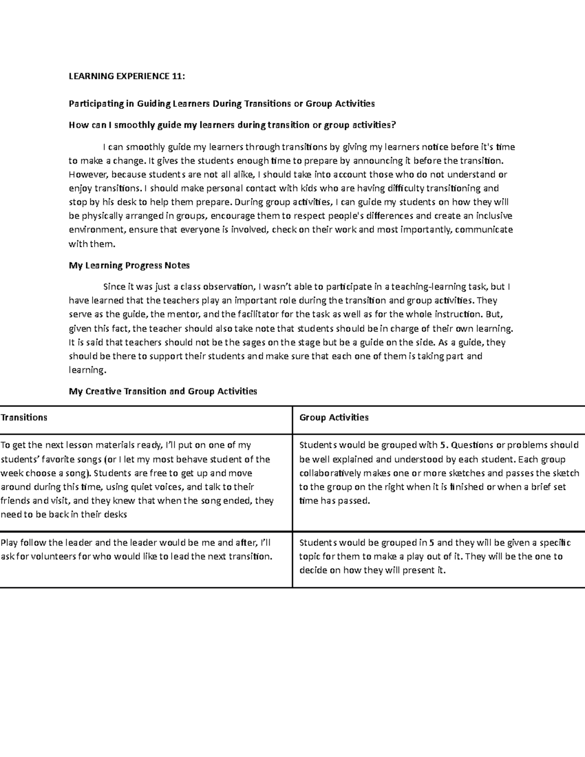 Participating in Guiding Learners During Transitions or Group ...