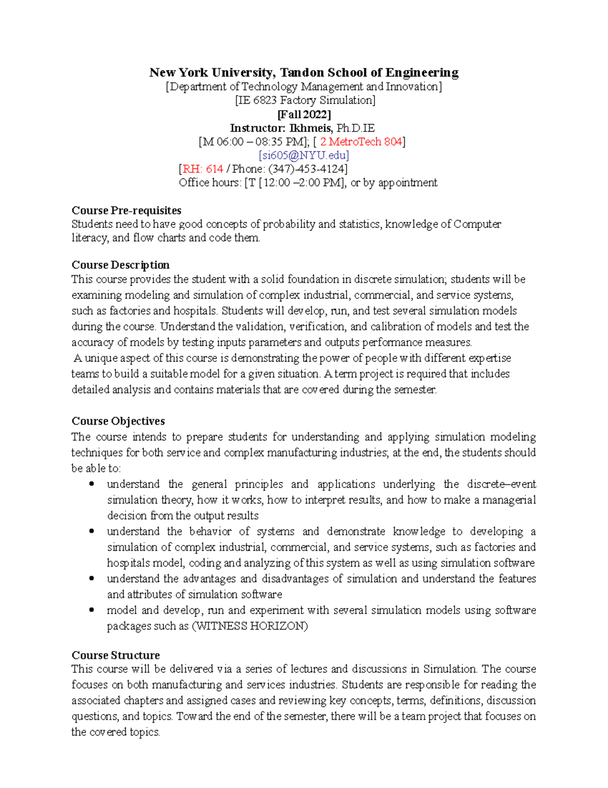 IE 6823 Factory Simulation Syllabus Fall 2022 - New York University, Tandon School of ...