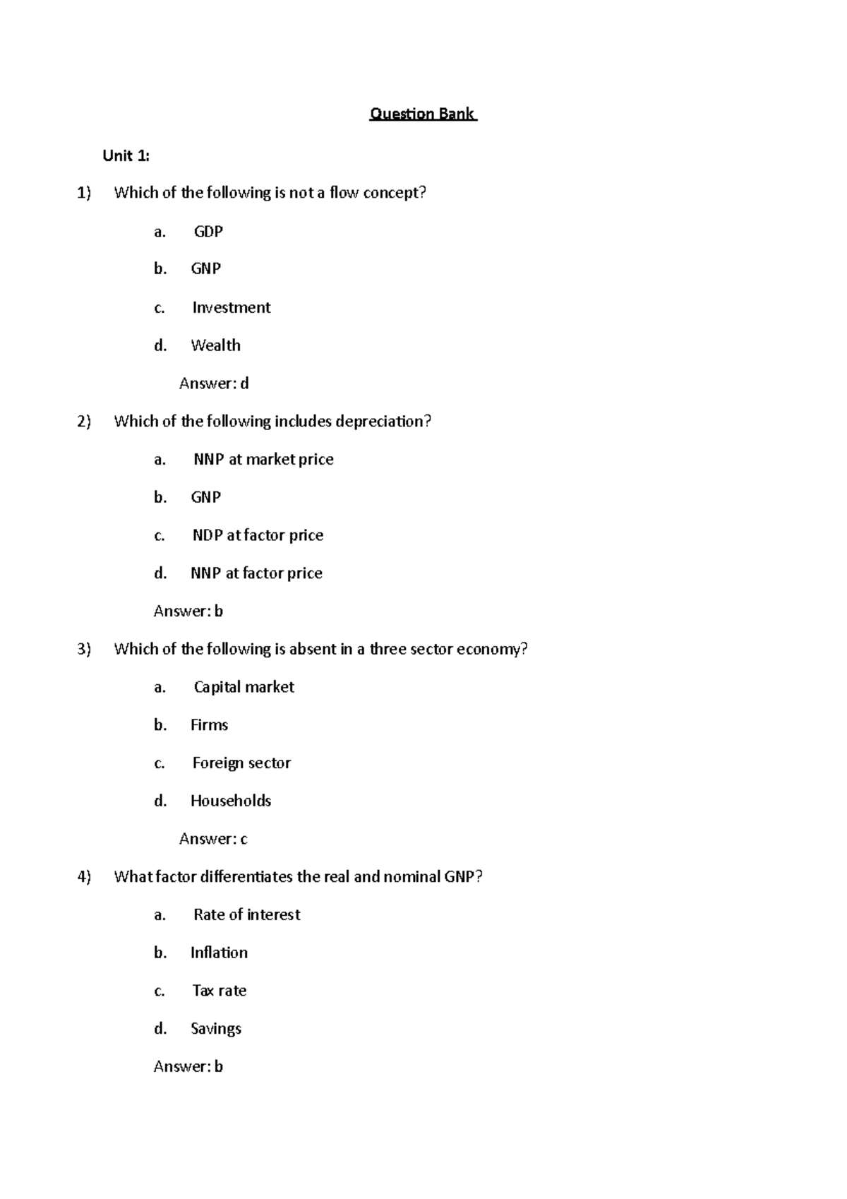 MCQ Question Bank economics 2 210 4th semester - Question Bank Unit 1 ...