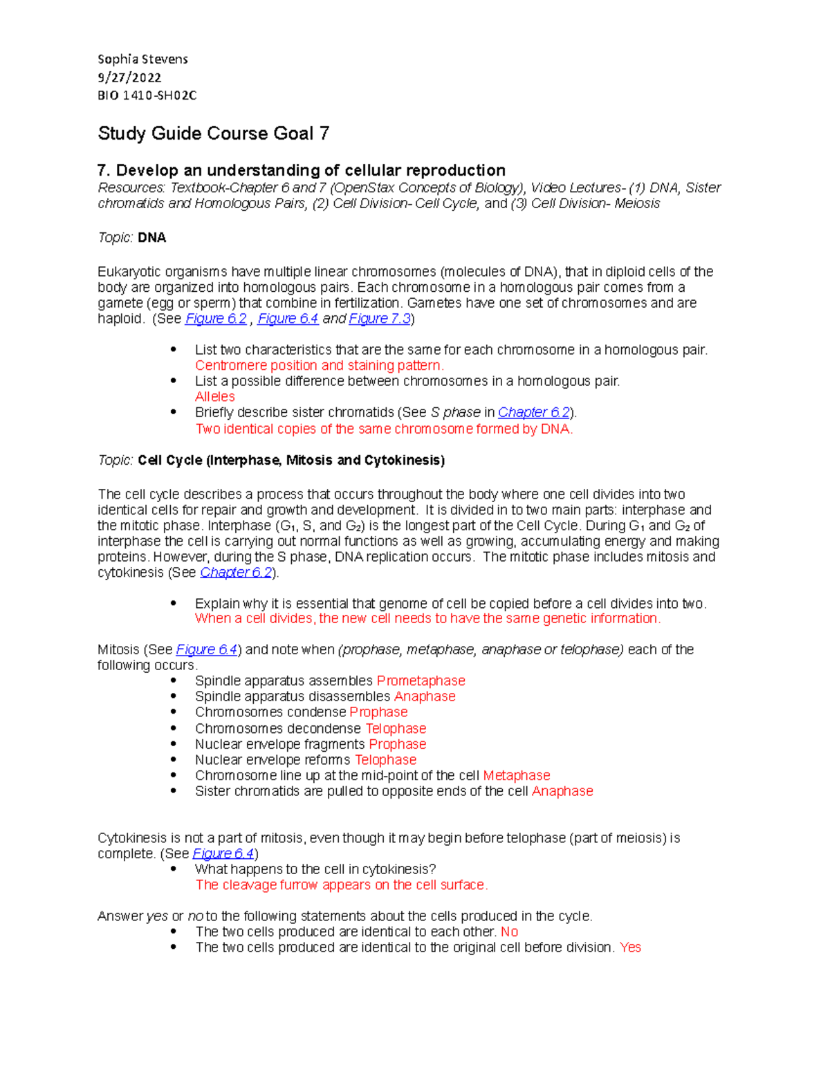 Study Guide 7 - Cell Cycle - Sophia Stevens 9/27/ BIO 1410-SH02C Study ...