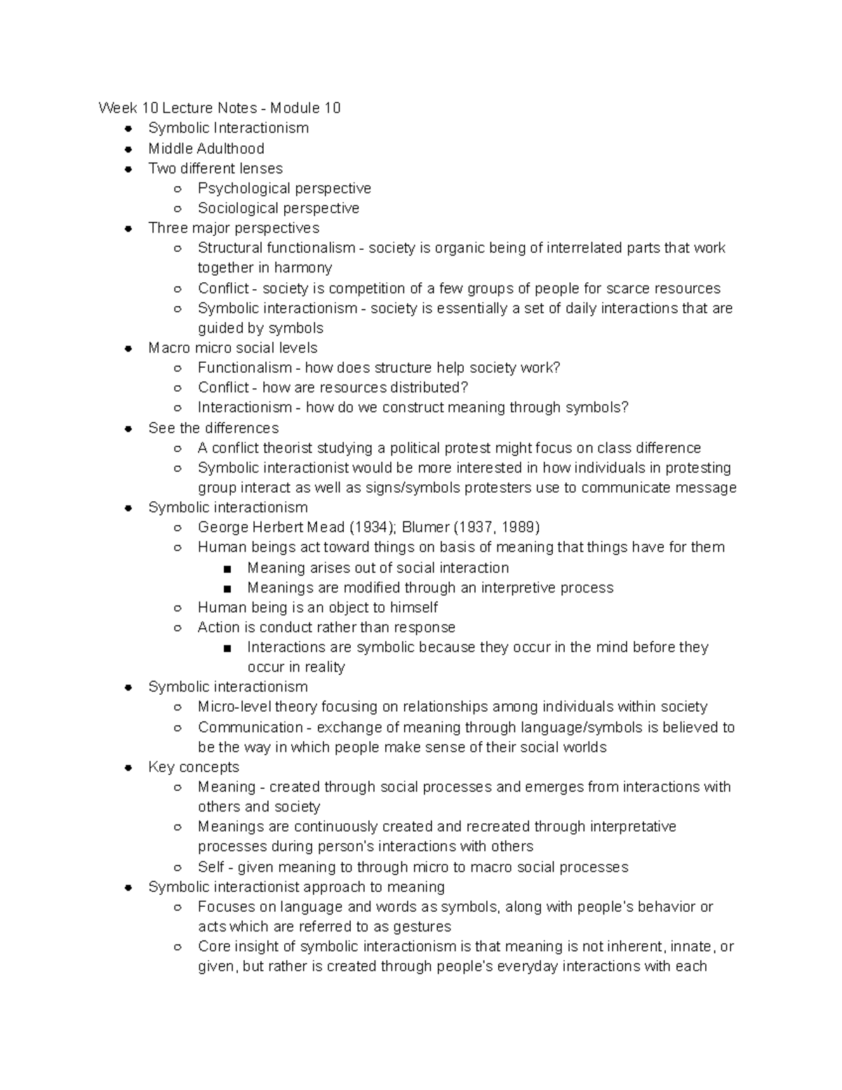 Week 10 Lecture Notes - Symbolic interactionism and middle adulthood ...