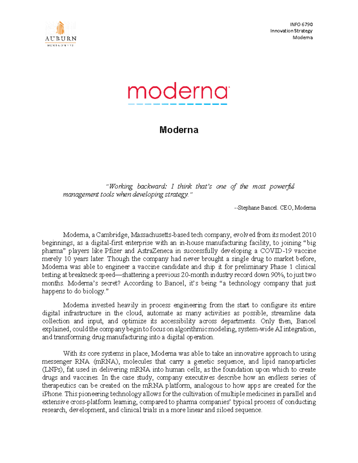Moderna - INFO 6790 Innovation Strategy Moderna Moderna “Working ...