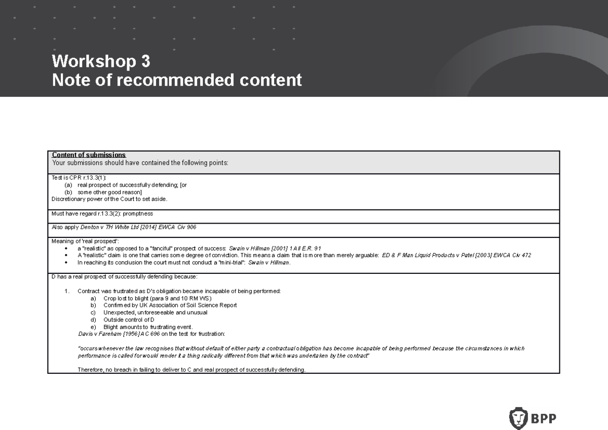 BTC1 Adv W3 Note of recommended content - Workshop 3 Note of ...