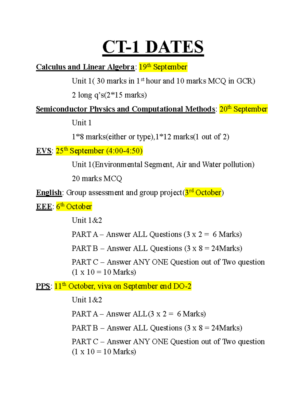 CT dates - CT- 1 DATES Calculus and Linear Algebra: 19 th September ...