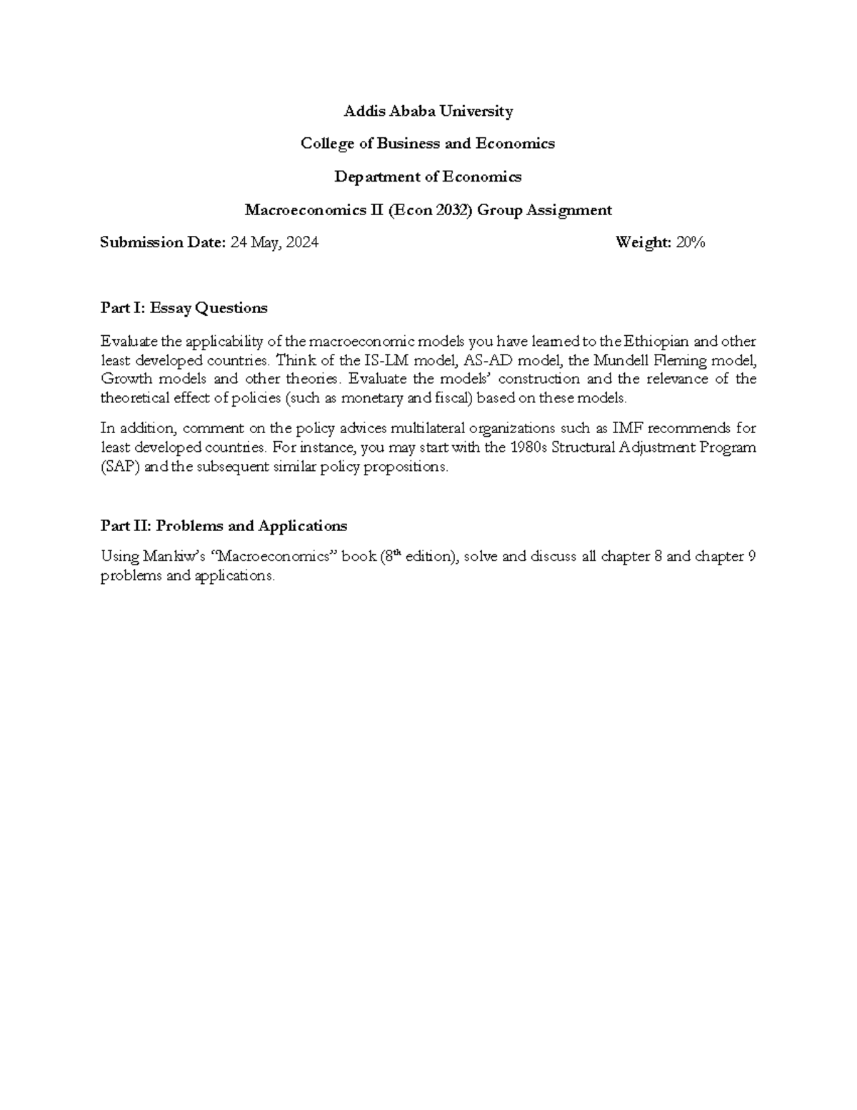 Assignment - Addis Ababa University College of Business and Economics Department of Economics ...