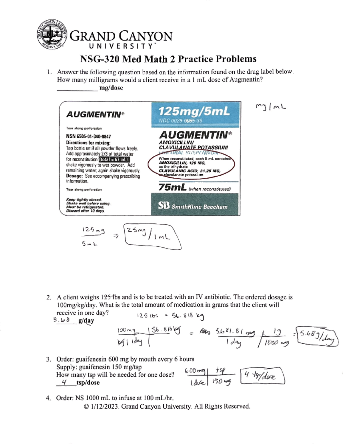 320 Med Math 2 Practice Problems - oT, Aw GRAND CANYON Med Math 2 ...
