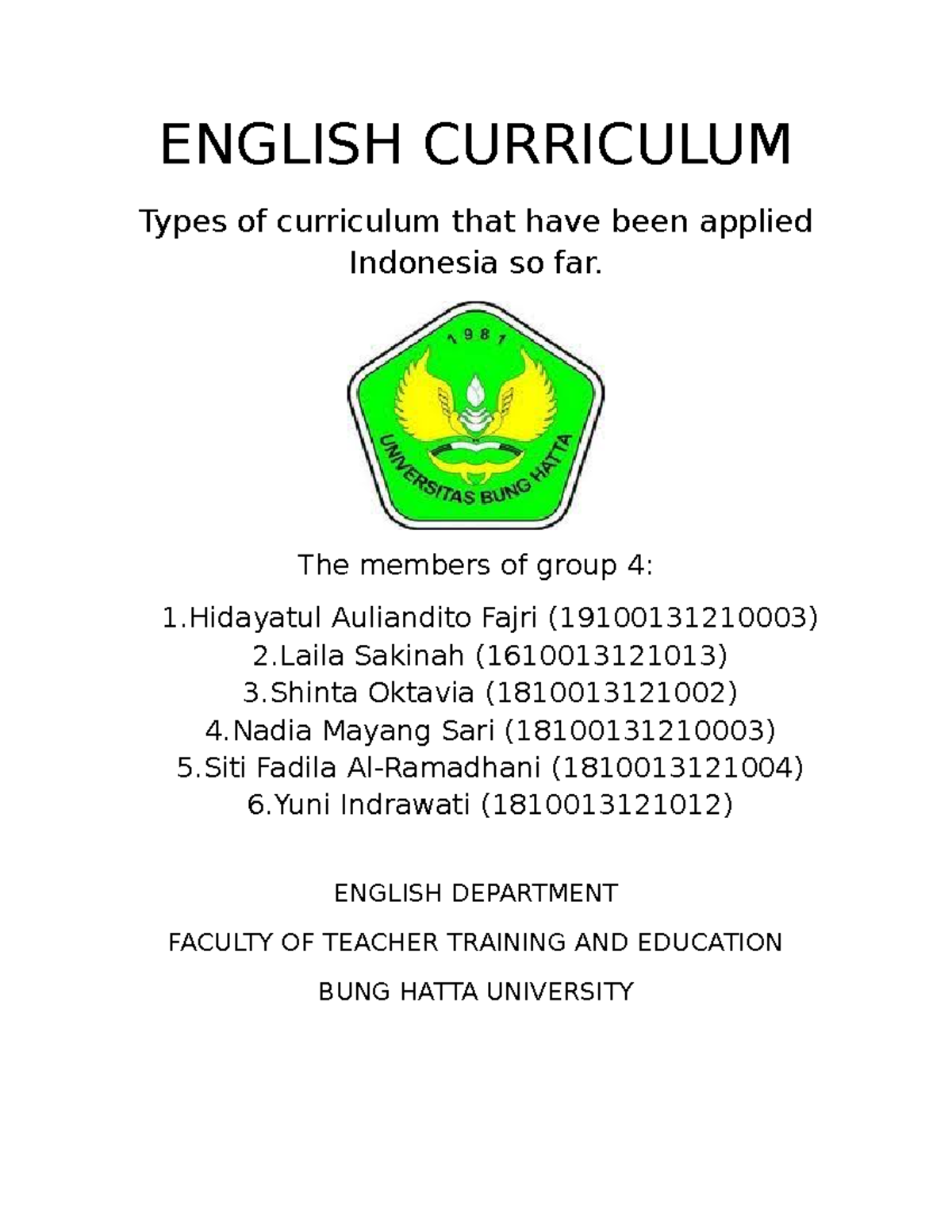 English Curriculum Group 4 ENGLISH CURRICULUM Types Of Curriculum