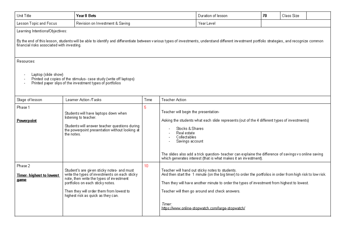 Lesson Plan Table - Unit Title Year 8 Bets Duration of lesson 70 Class ...