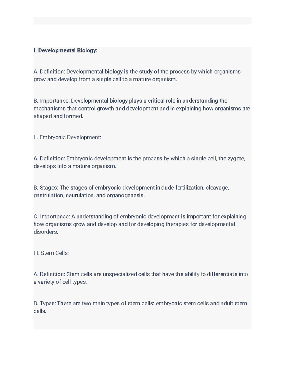 Developmental biology - I. Developmental Biology: A. Definition ...