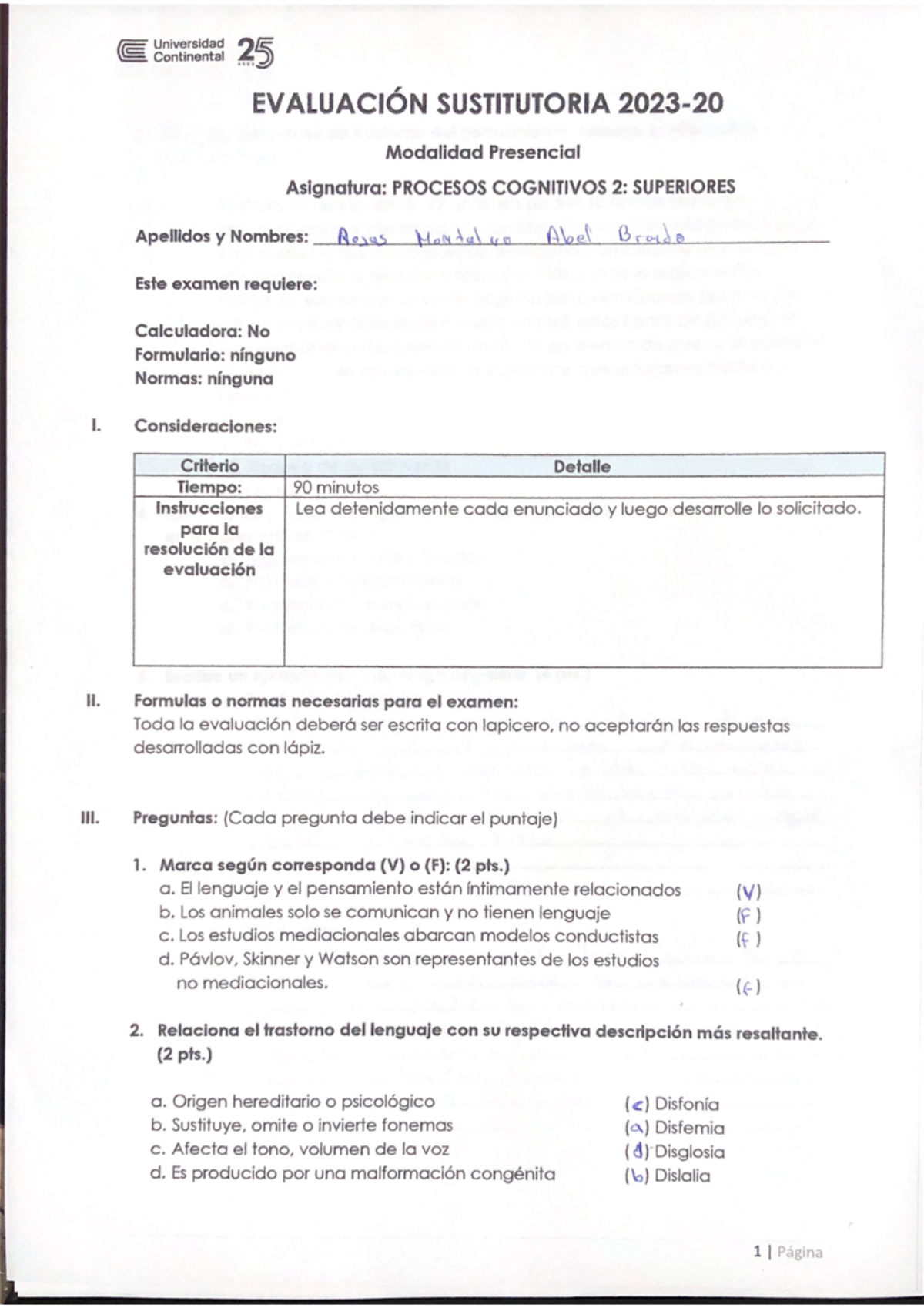 Evaluación Sustitutoria Procesos Cognitivos 2 Superiores 2023 20 - Universidad Continental 25 ...