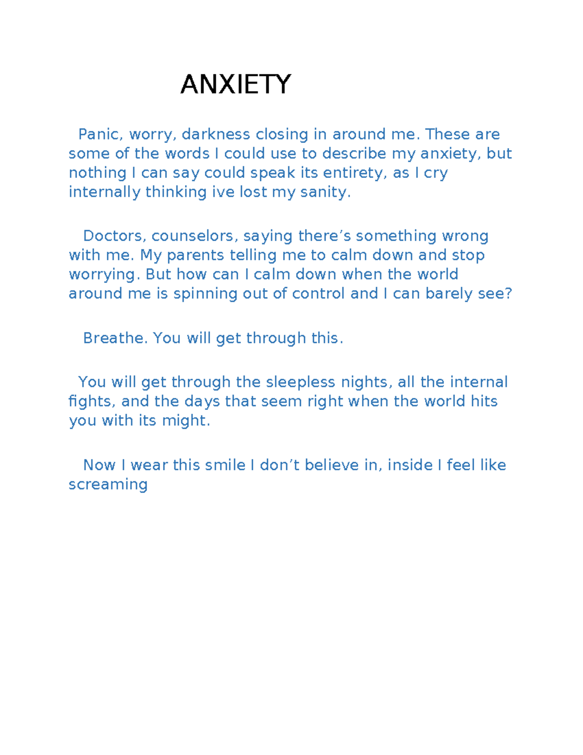 Anxiety - It's a writing piece - ANXIETY Panic, worry, darkness closing ...
