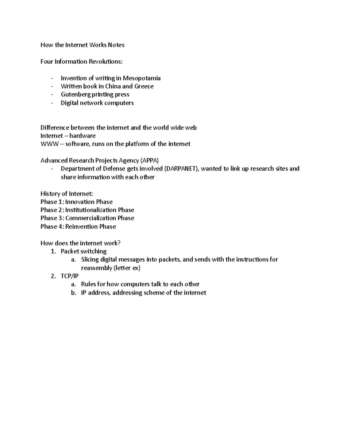 How the Internet Works Notes - Packet switching a. Slicing digital ...