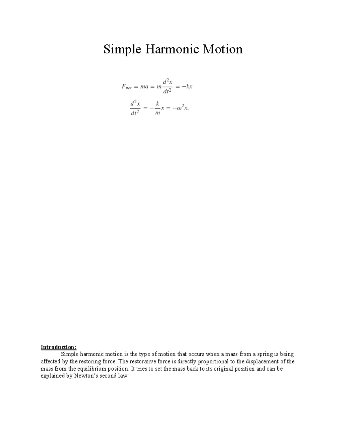 PHY 131 LAB 7 - LAB 7 - Simple Harmonic Motion Introduction: Simple ...