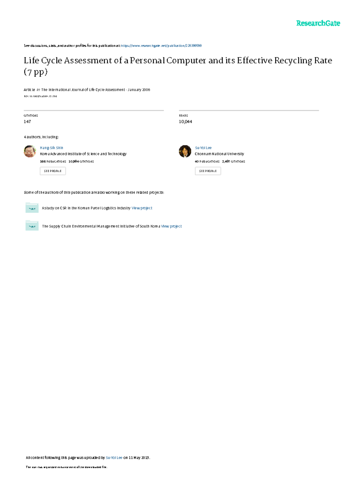 Life Cycle Assessment of a Personal Computer and i - See discussions ...
