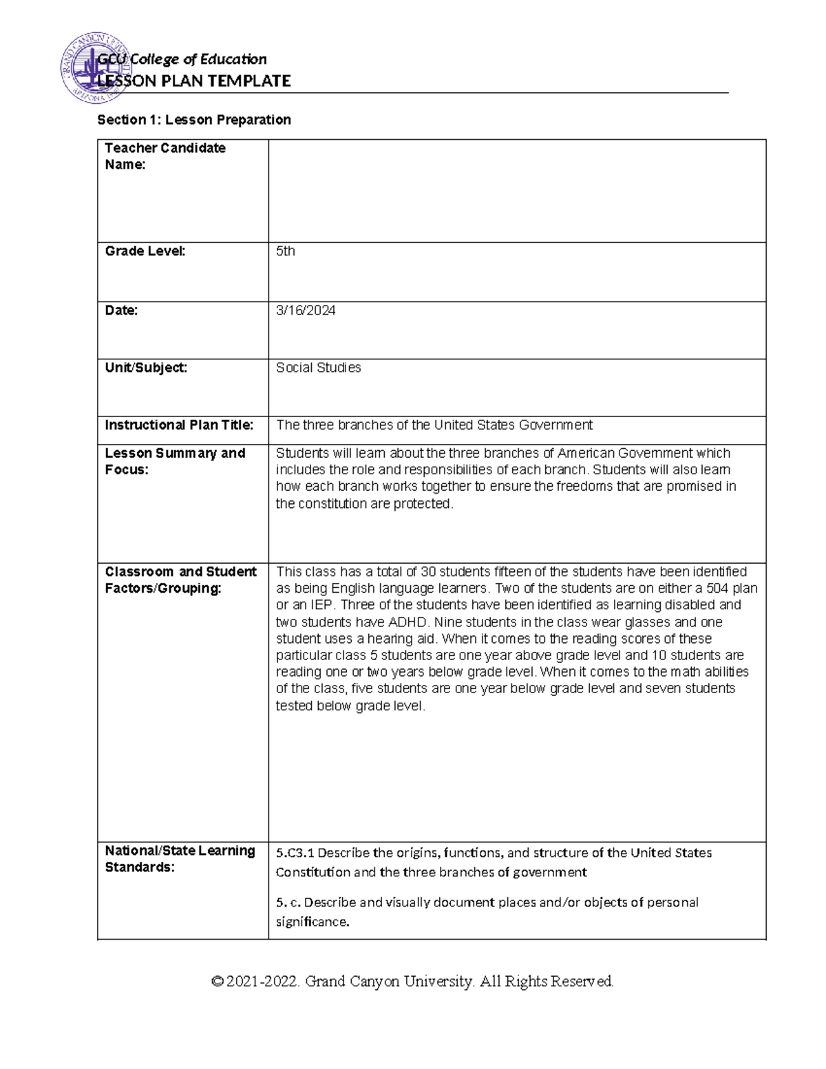 5th grade 3 branches of government - LESSON PLAN TEMPLATE Section 1 ...