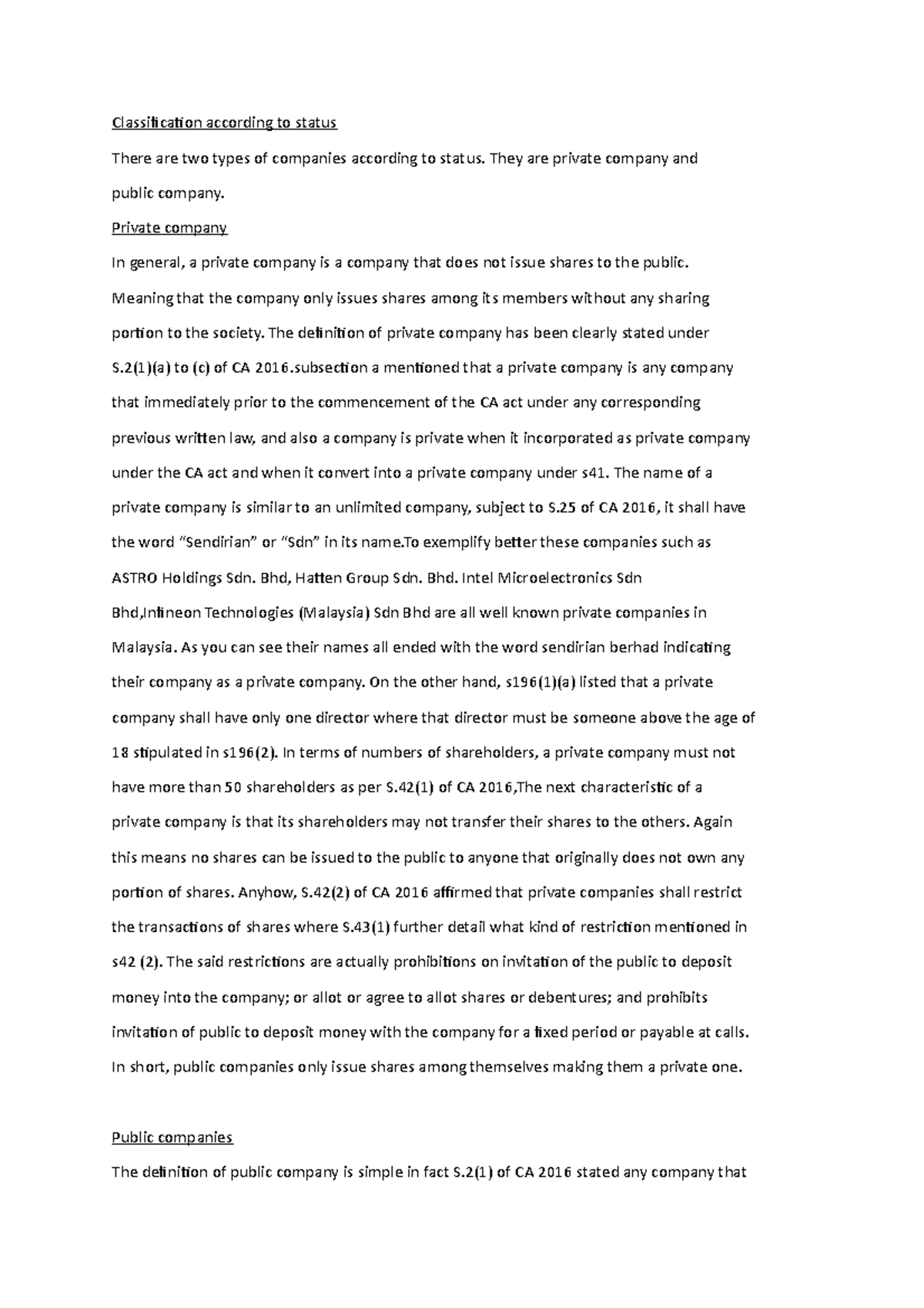 Classification of company according to status - Classification ...