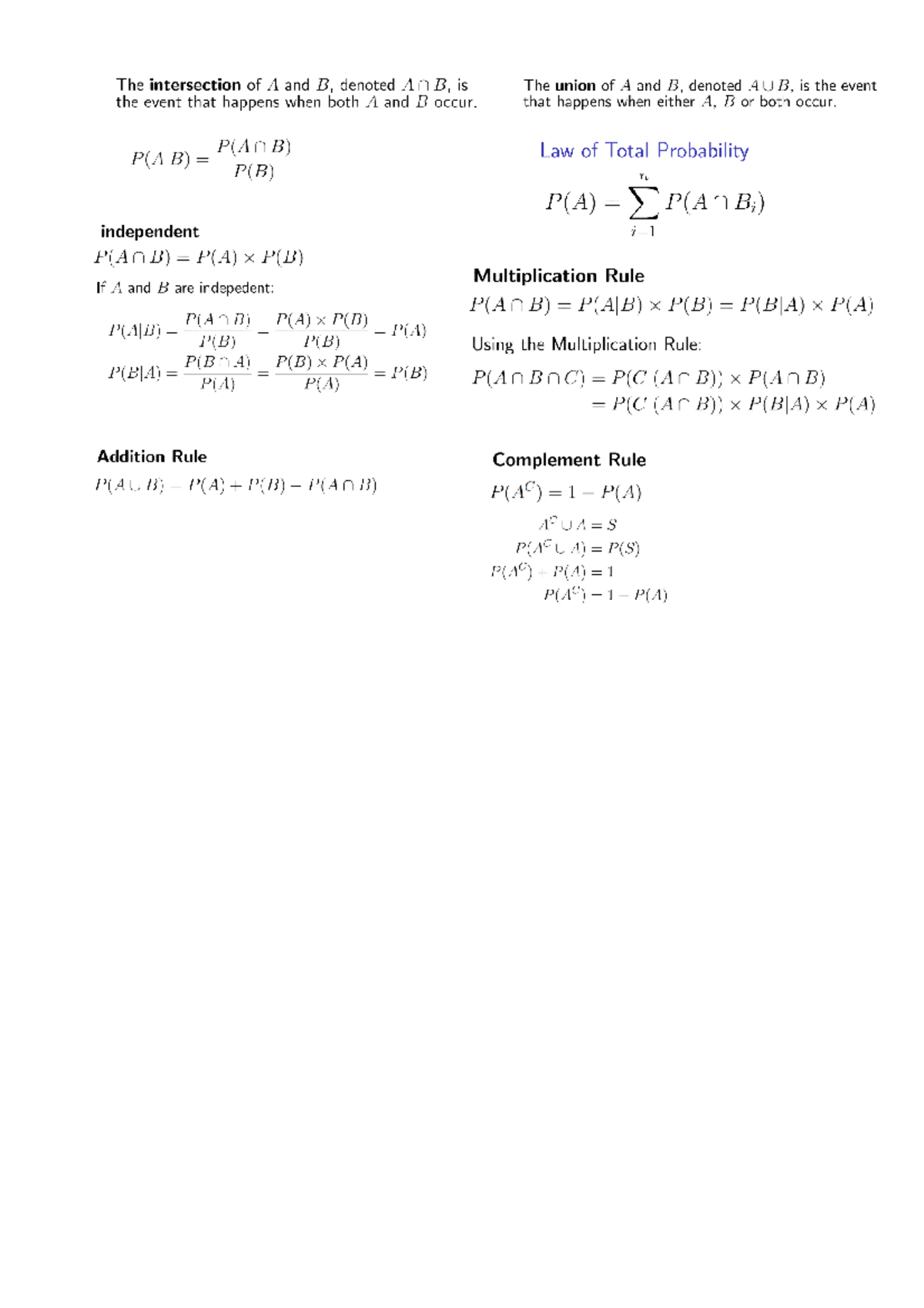 Formulas - Topic 2 Summary of material - STAT7055 - Studocu