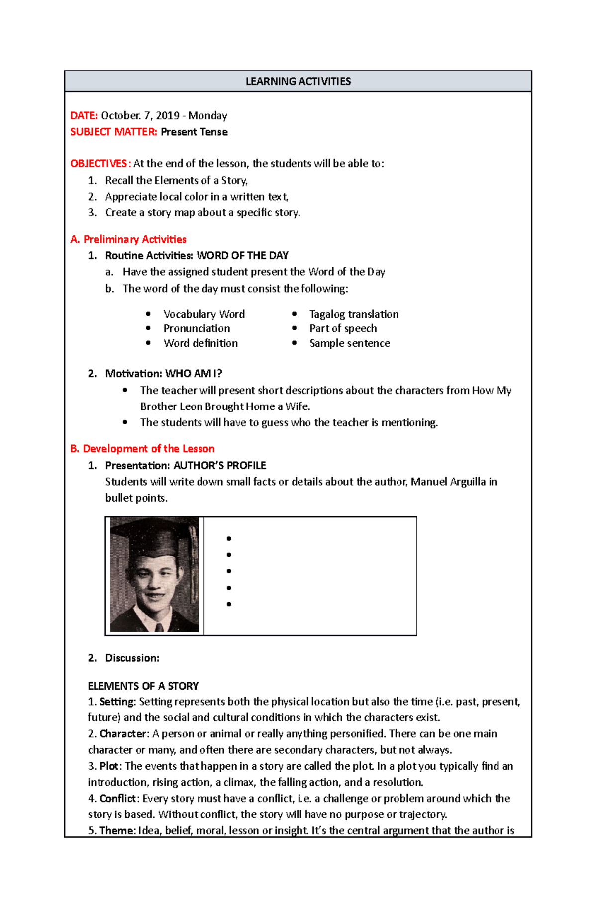 English 7 Q2 LP W7 - lesson plan - LEARNING ACTIVITIES DATE: October. 7 ...