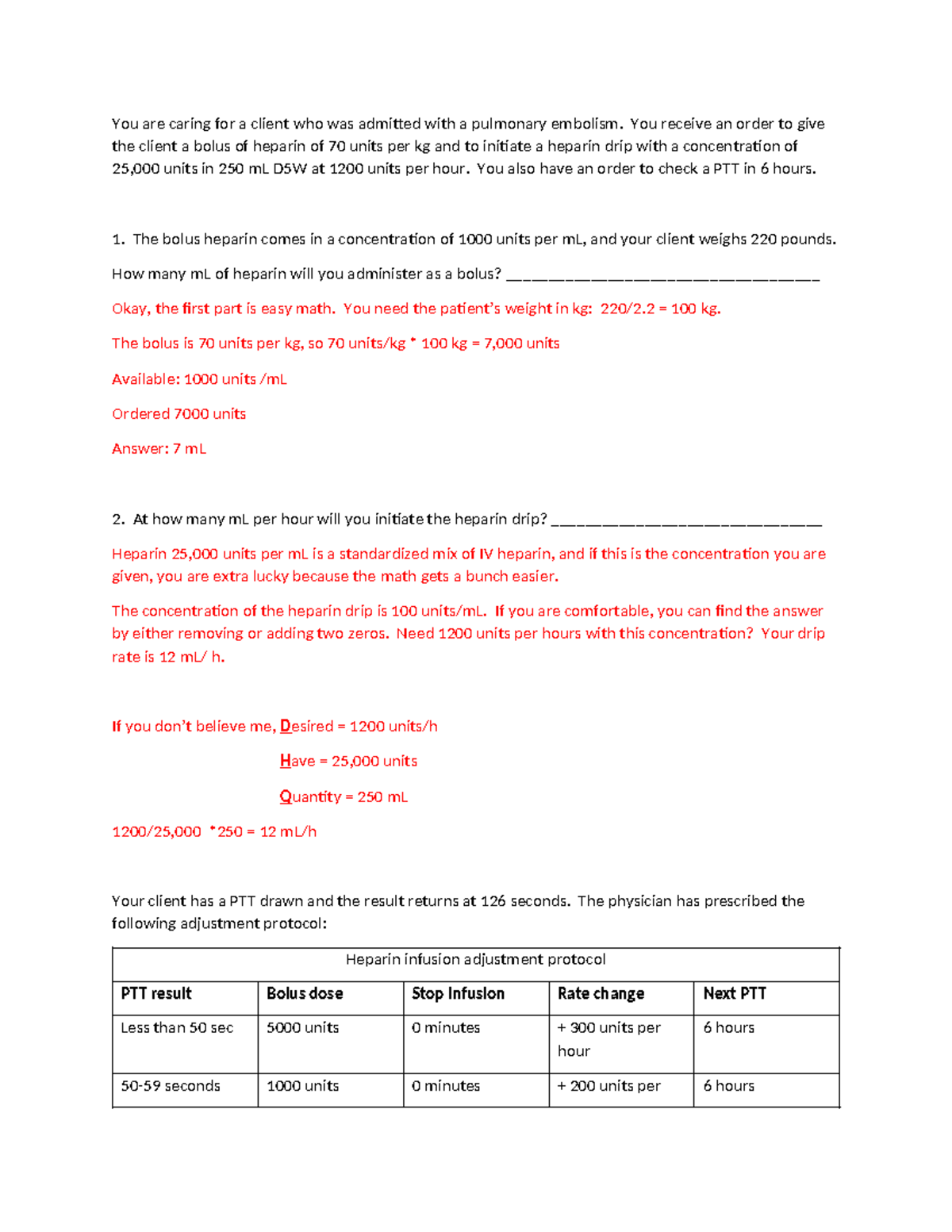 Math practice answers for Heparin - You are caring for a client who was ...