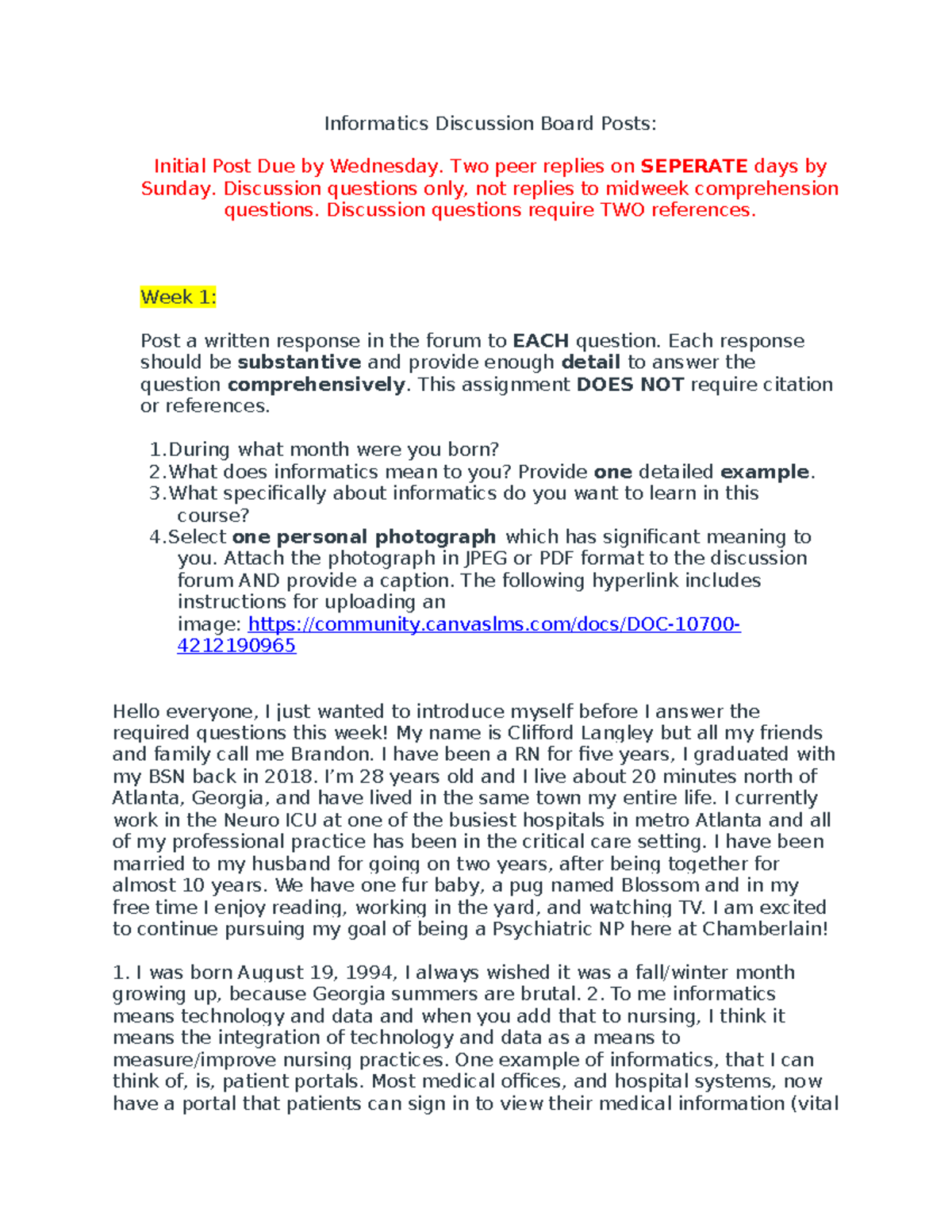 weekly discussion board posts for informatics - Informatics Discussion ...