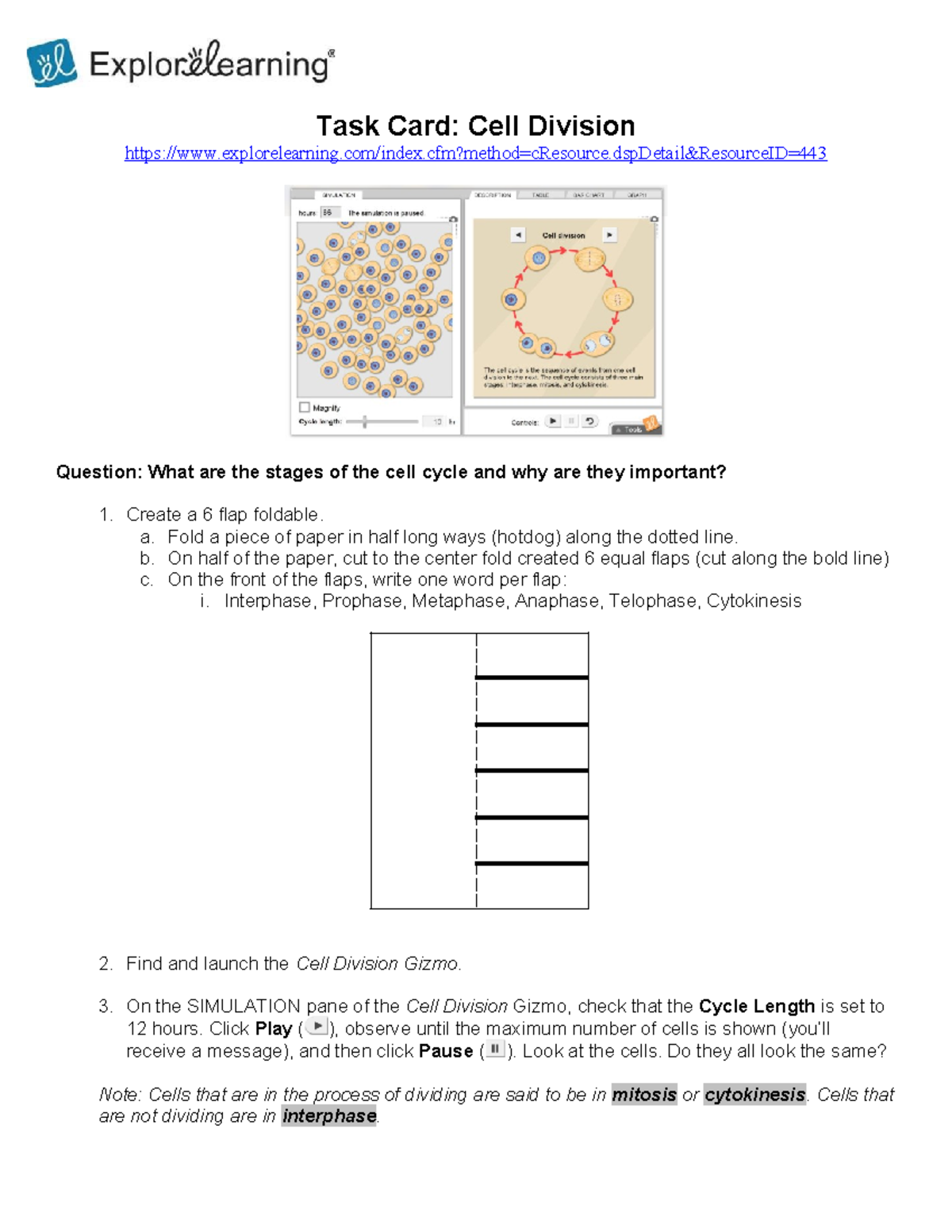 Task Card Cell Division - Task Card: Cell Division explorelearning ...