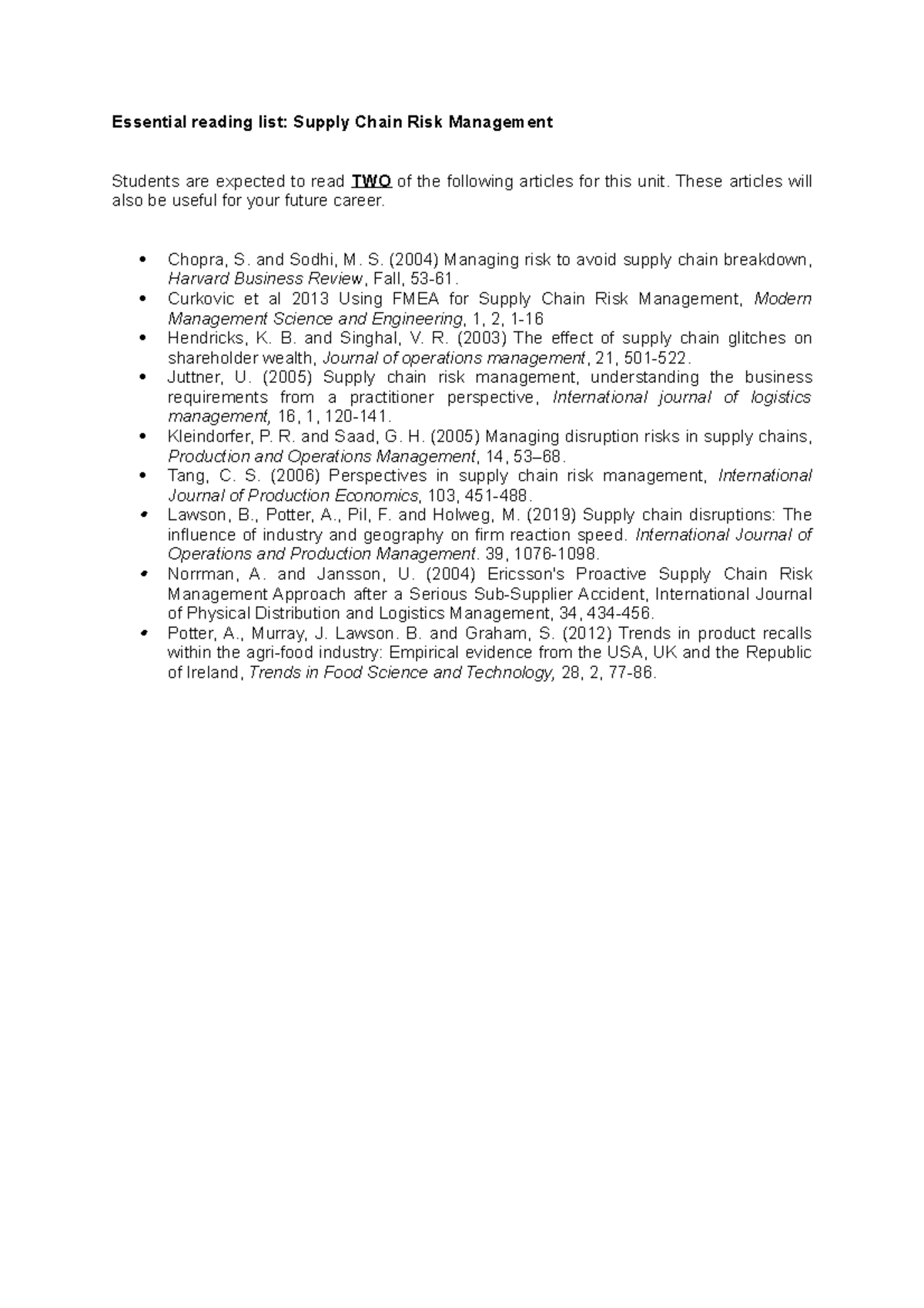 Essential reading list (Supply Chain Risk Management) - Essential ...