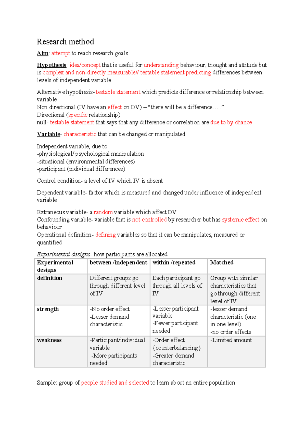 Research methods - Lecture notes 8,10 - Research method Aim : attempt ...