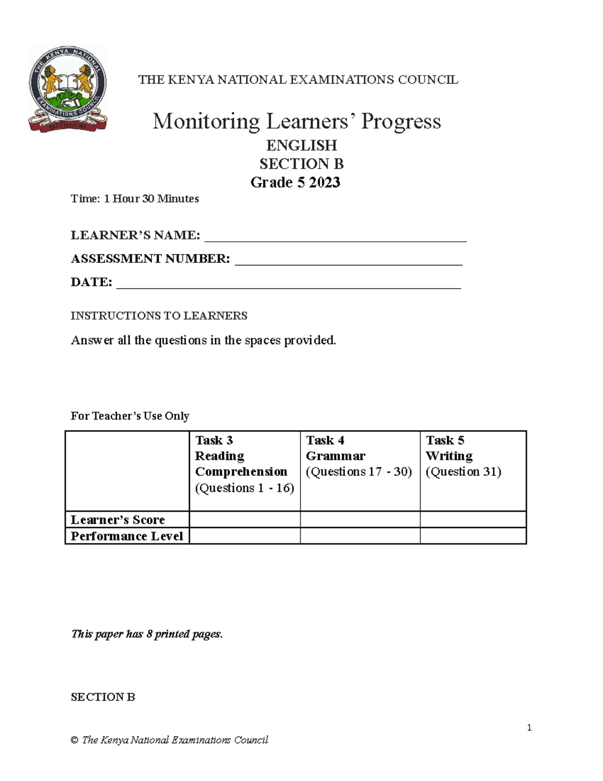 SET 1 Grade 5 Section B SBA 2023 - THE KENYA NATIONAL EXAMINATIONS ...