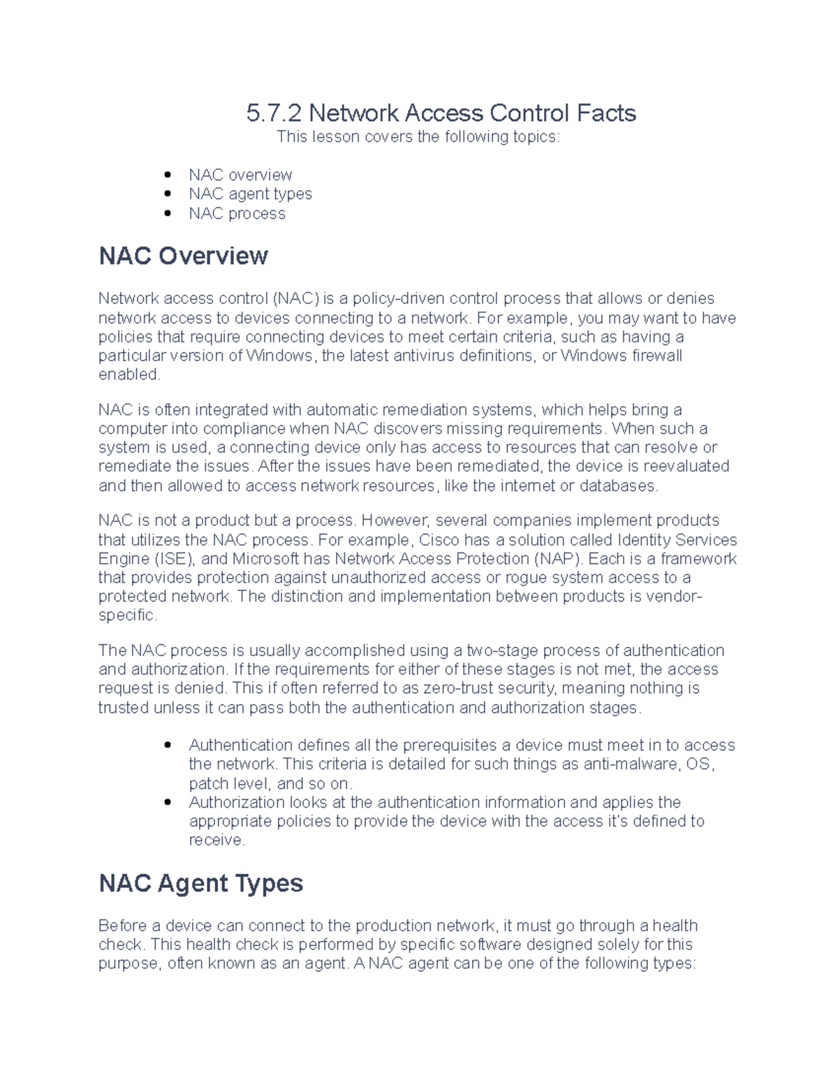 Module 6 Notes IT-253 - 5.7 Network Access Control Facts This lesson ...