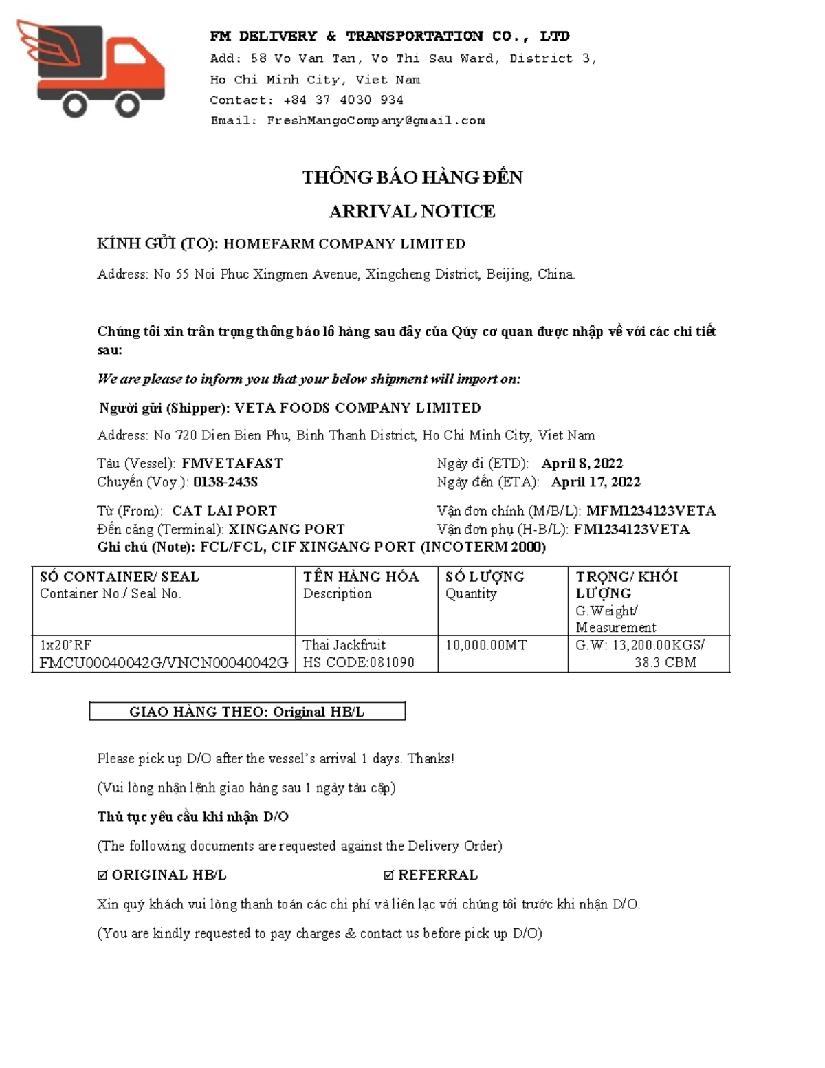 Arrival Notice FMCO VETA - FM DELIVERY & TRANSPORTATION CO., LTD Add ...