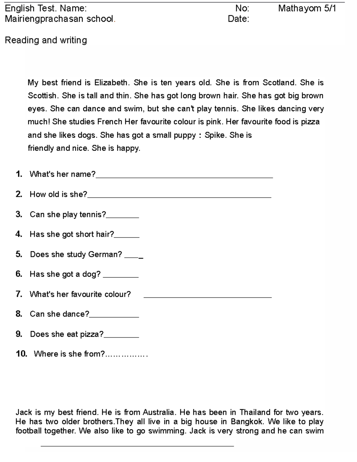 Reading worksheet 1 - Made by fourth year student - My best friend is ...