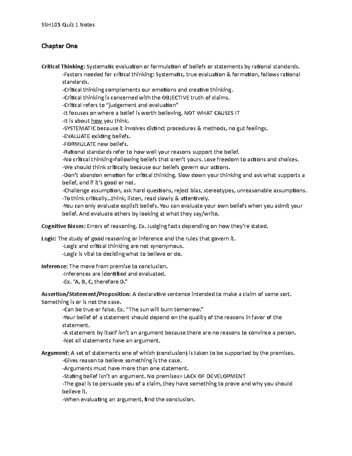 chapter 1 2 3 quiz notes for ssh105 - Chapter One Critical Thinking ...