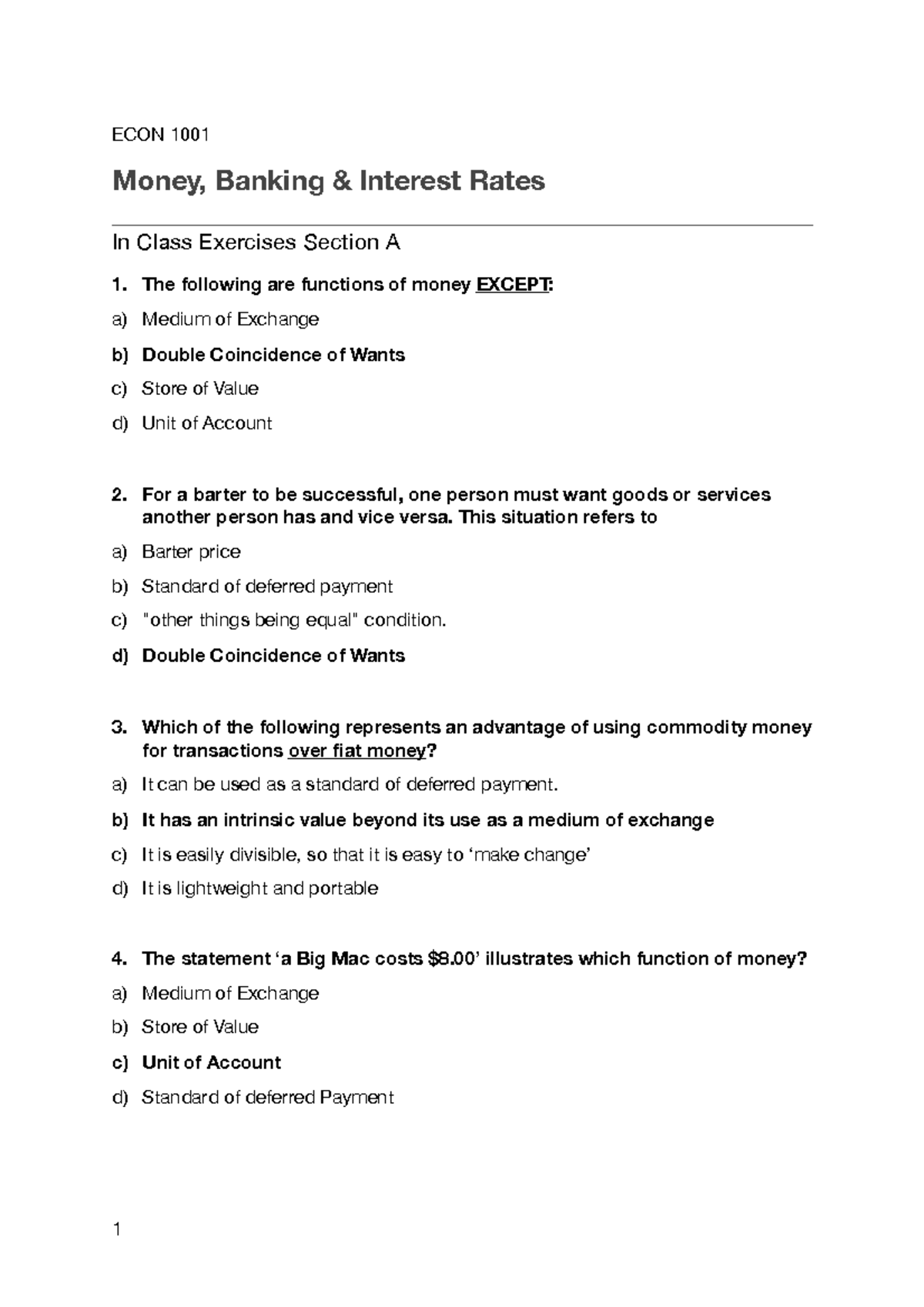 Money Banking & Interest Rates (Answers) - ECON 1001 Money, Banking ...