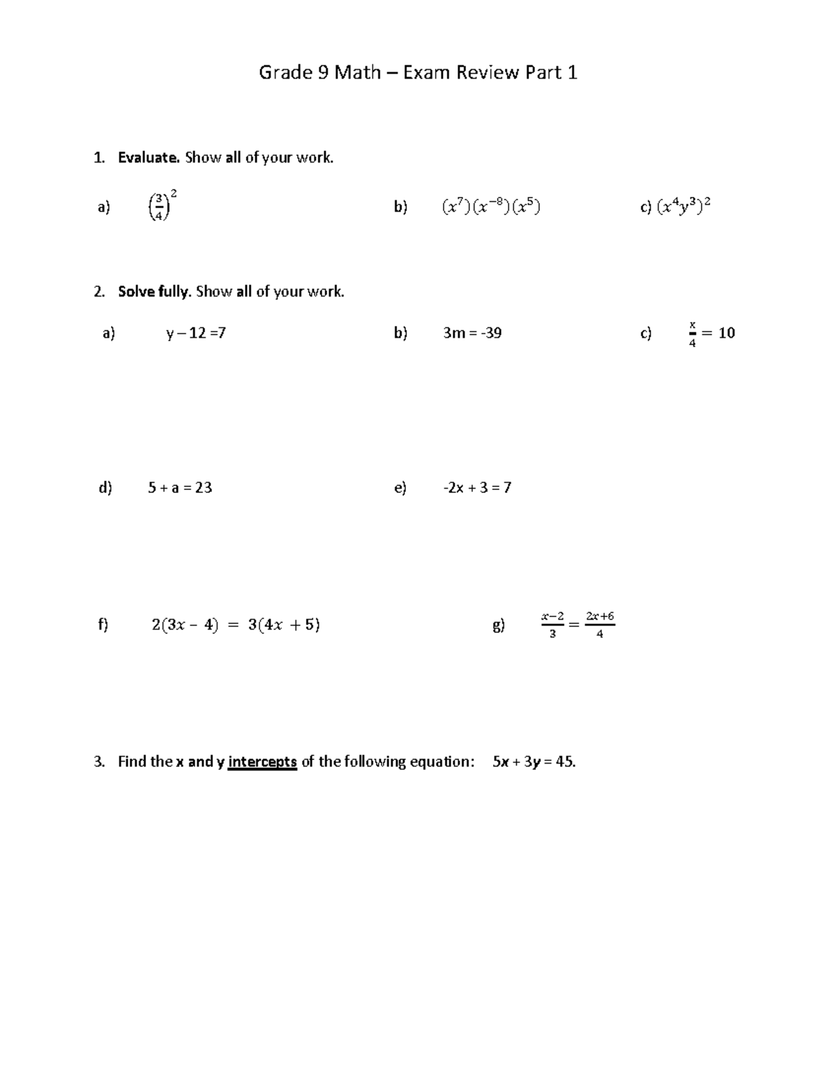 Math 9 final exam review - Grade 9 Math – Exam Review Part 1 Evaluate ...