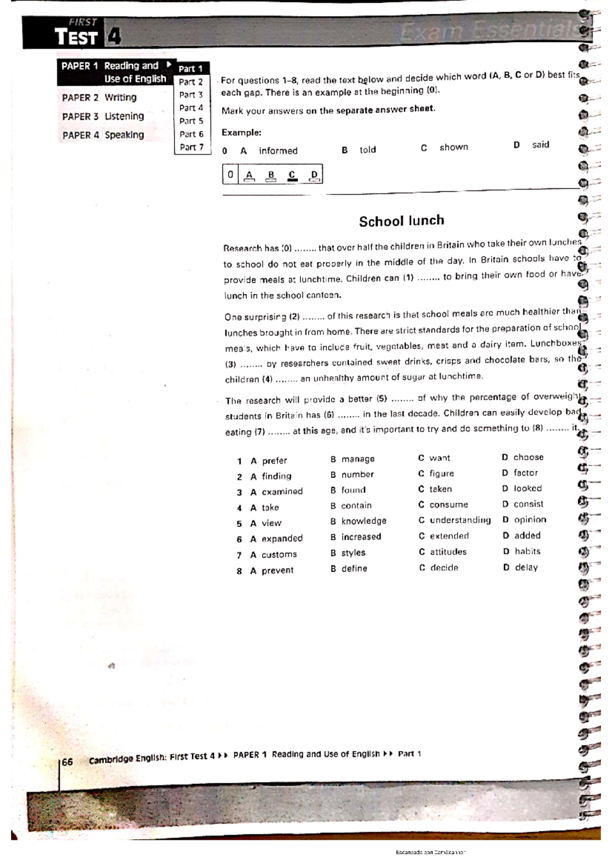 Test 4 - Modelo de examen - FIRST TEST 4 Essentials PAPER 1 Reading and ...