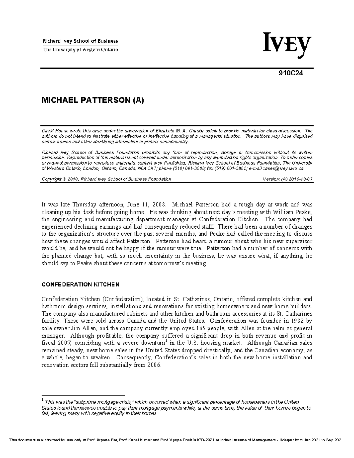 2. Michael Patterson (A) case study at workplace behaviour - S w 910C ...