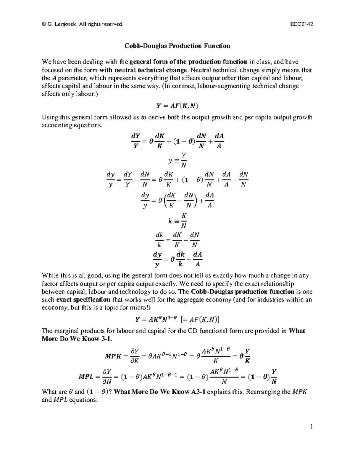 Cobb-Douglas production function, Handout By Gordon - © G. Lenjosek ...