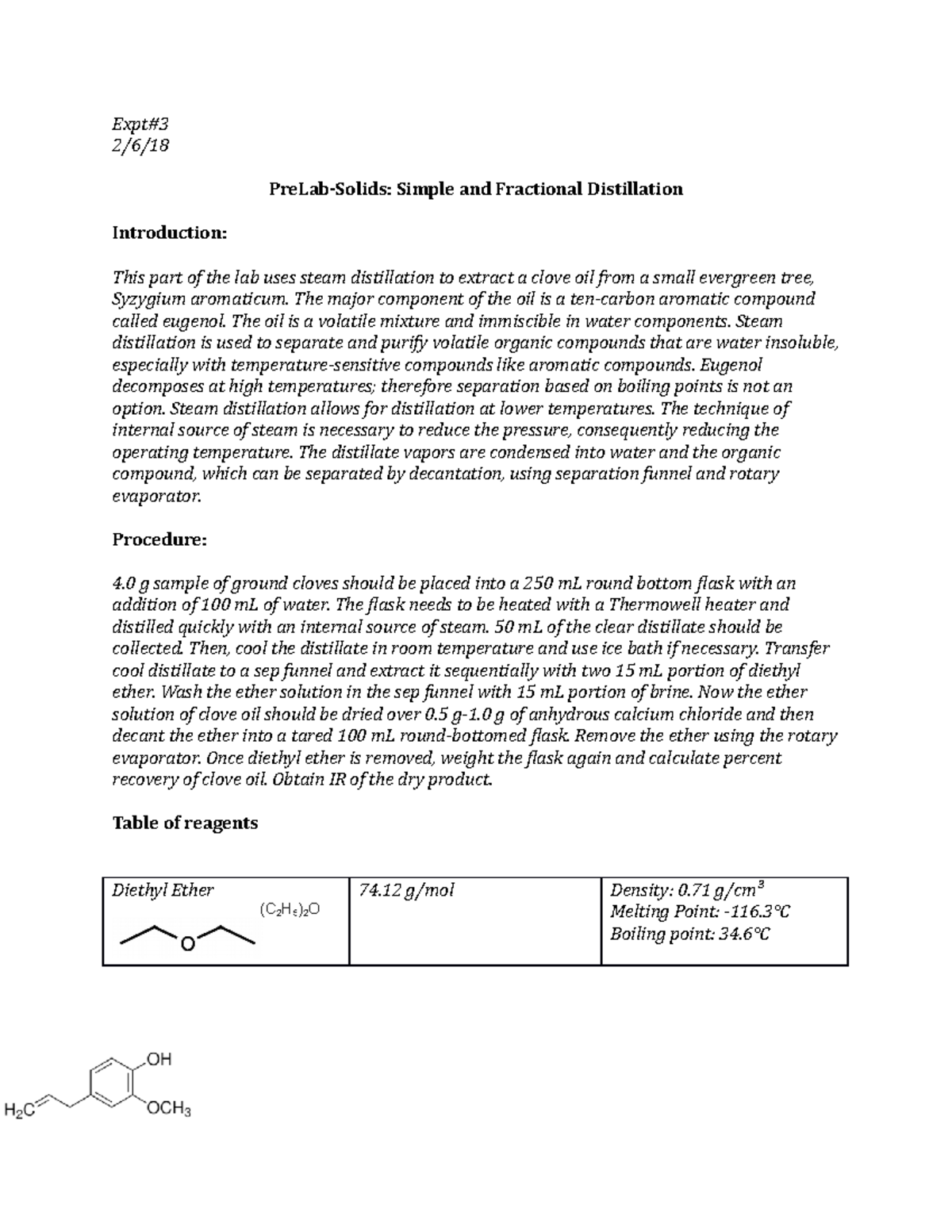 Prelab 3.1- Steam distillation - Expt#3 2/6/18 PreLab-Solids: Simple ...
