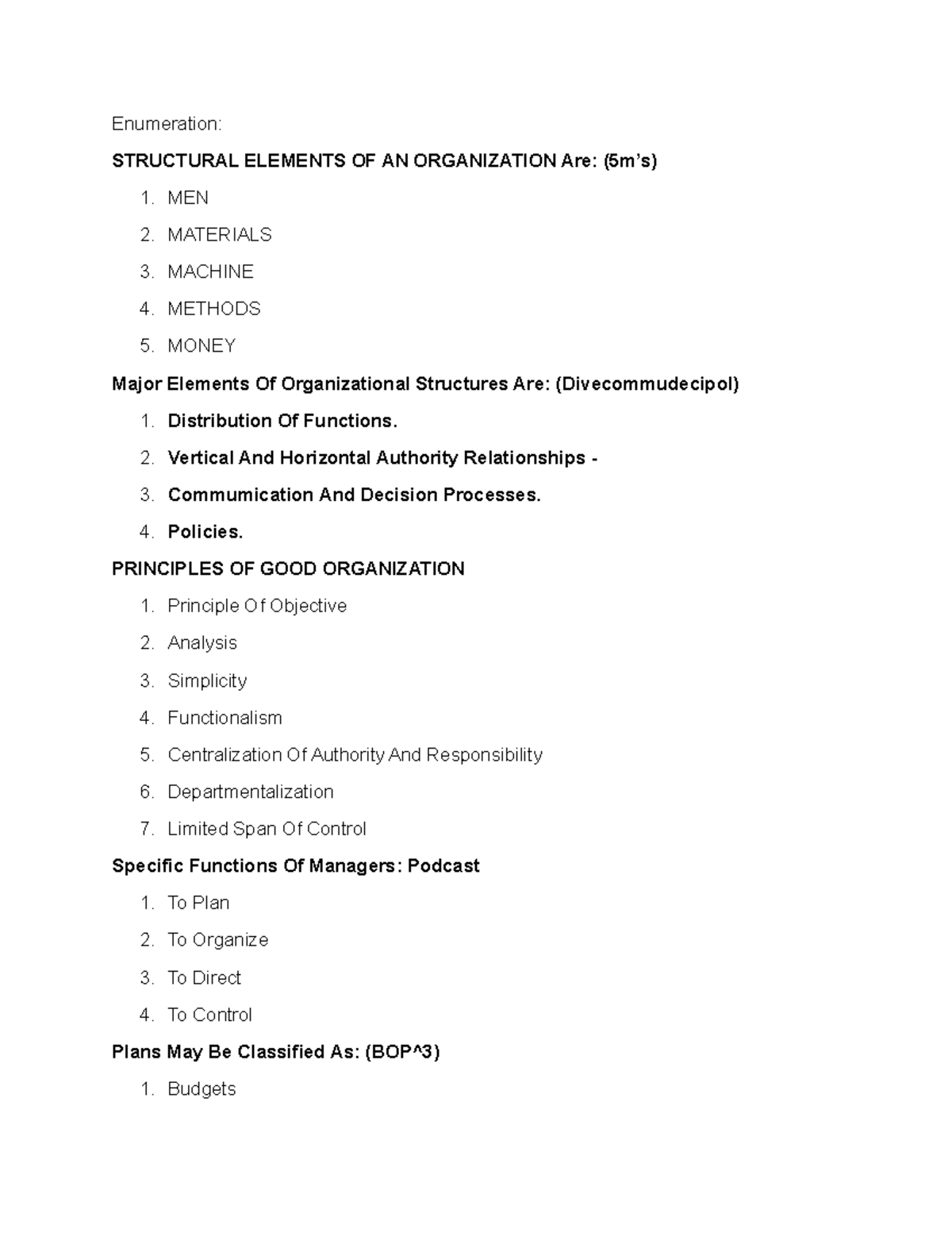 Enumeration Enumeration Structural Elements Of An Organization Are 0088