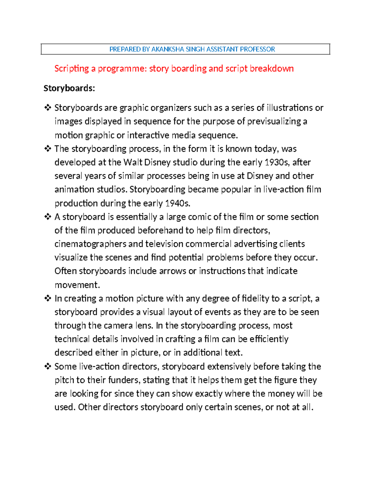 Storyboard & Script Breakdown - PREPARED BY AKANKSHA SINGH ASSISTANT ...