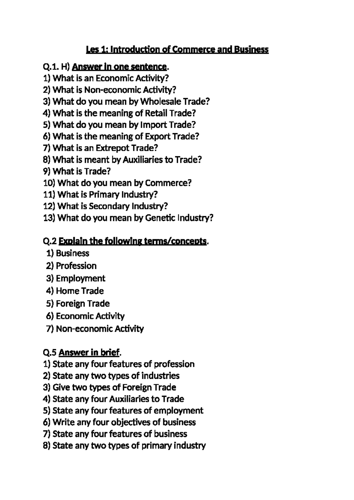 OCM questions - notes - Les 1: Introduction of Commerce and Business Q ...