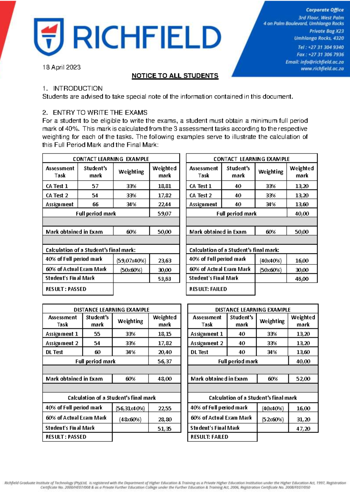 2023 RGIT Richfield Assessment Notice to Students - 18 April 2023 ...