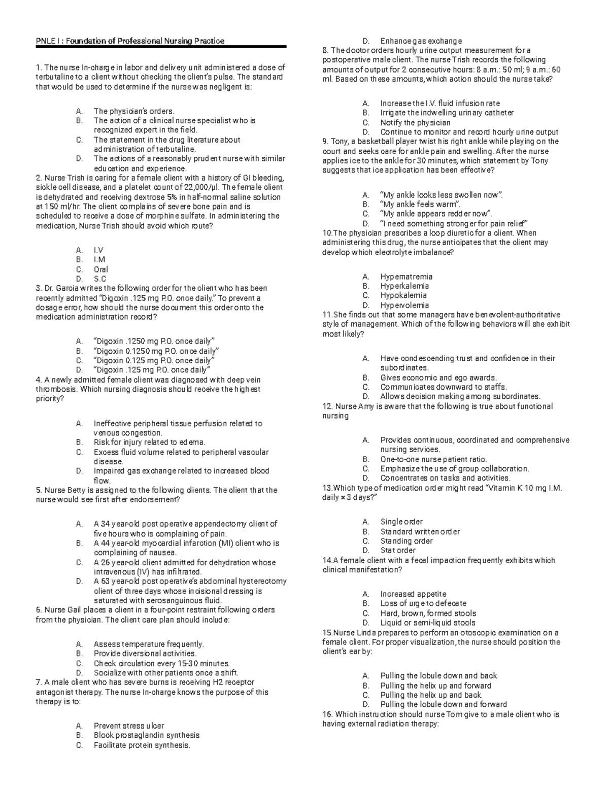 PNLE-I - PNLE Practice Questions - PNLE I : Foundation of Professional ...