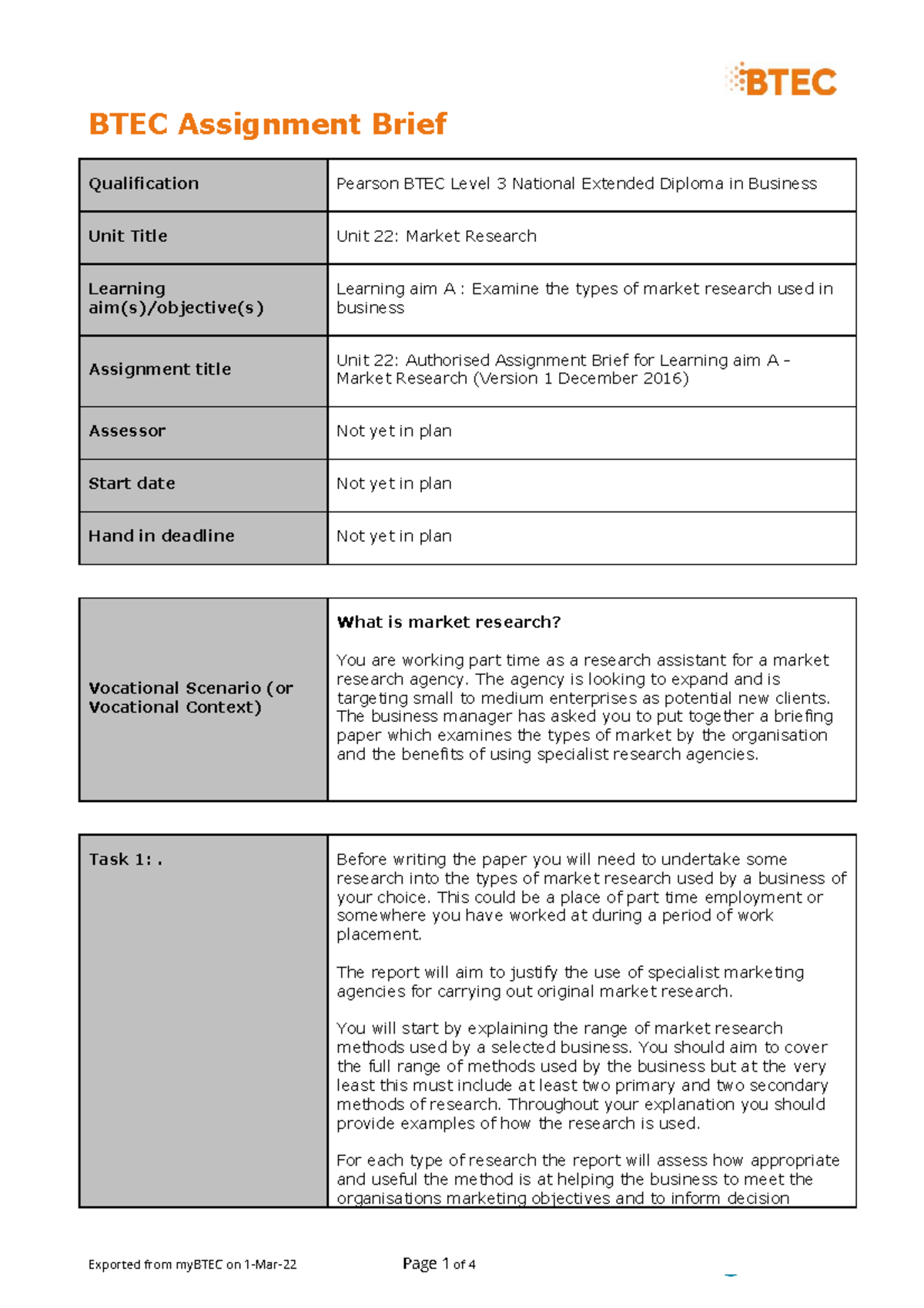 Unit 22 Assignment Brief BTEC Assignment Brief Qualification Pearson