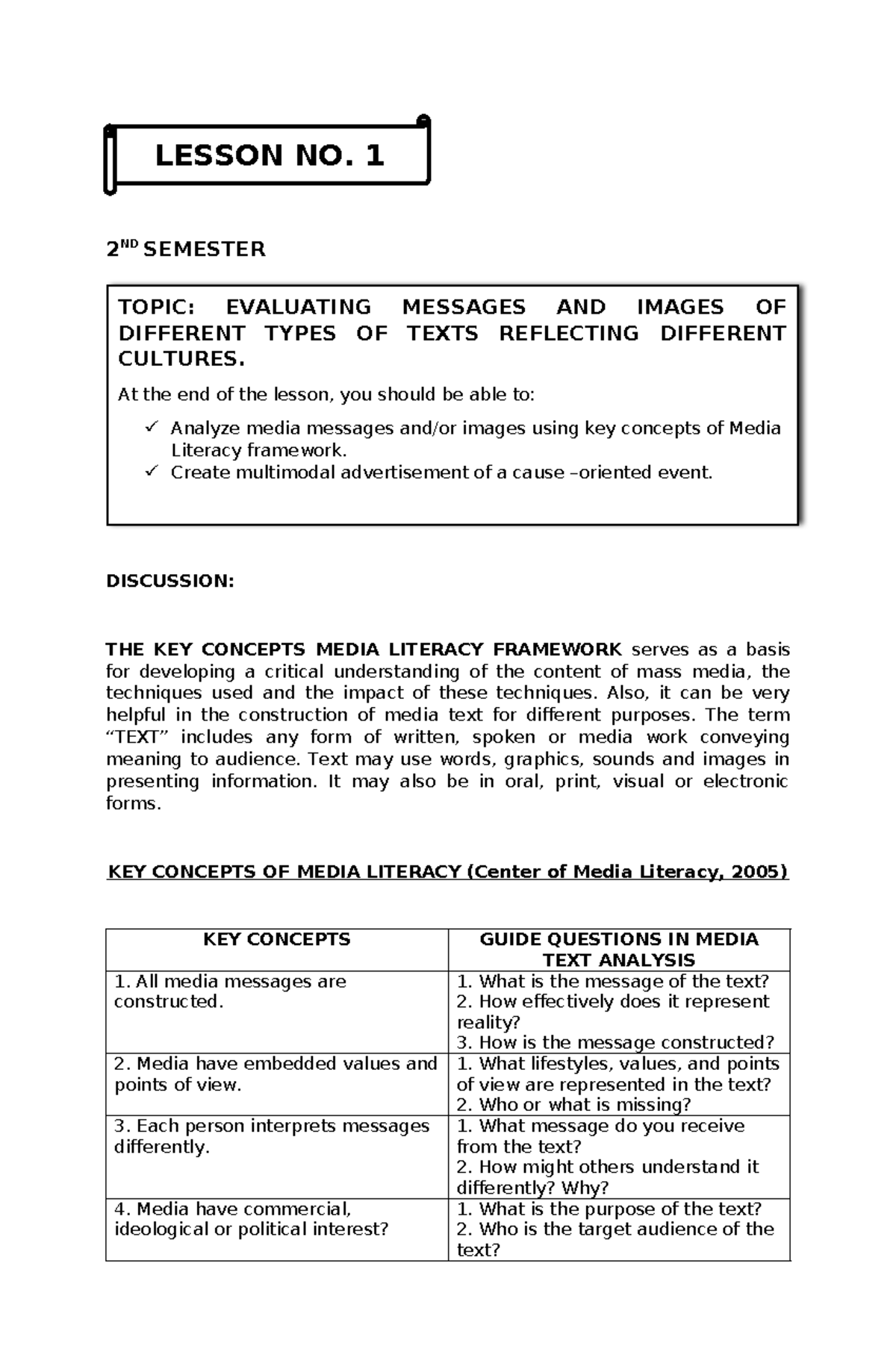 Midterm Lesson-1 - 2 ND SEMESTER DISCUSSION: THE KEY CONCEPTS MEDIA LITERACY FRAMEWORK serves as ...