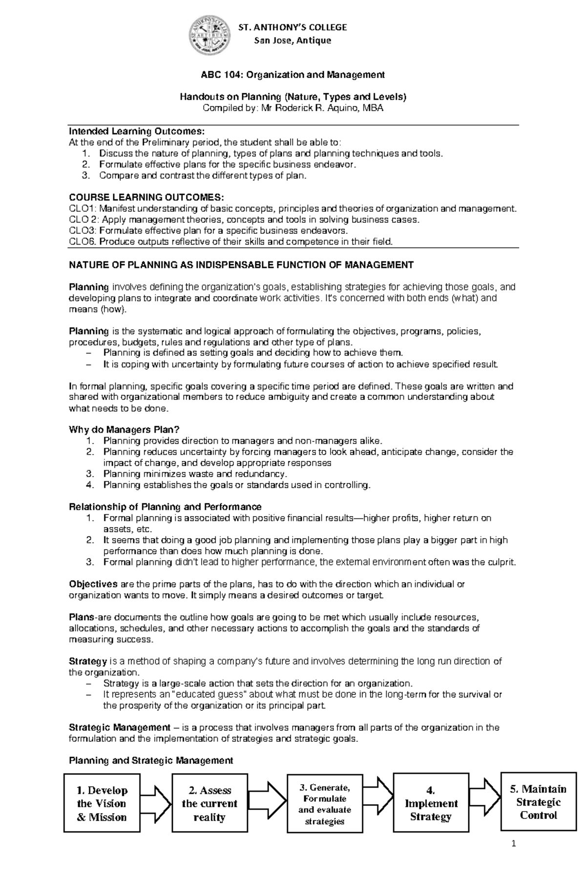 ABC 104 - Handouts (Week 4) - ST. ANTHONY’S COLLEGE San Jose, Antique 1 ...